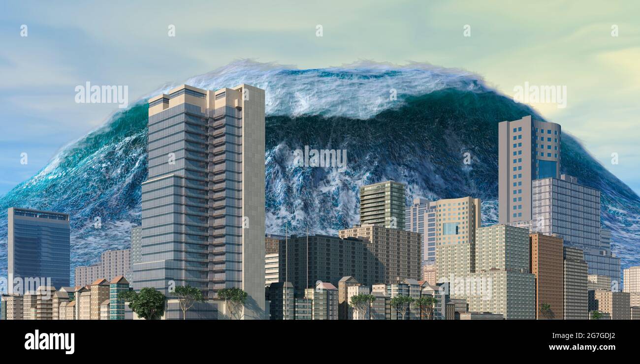 3D illustration tsunami wave apocalyptic water view urban flood Storm ...