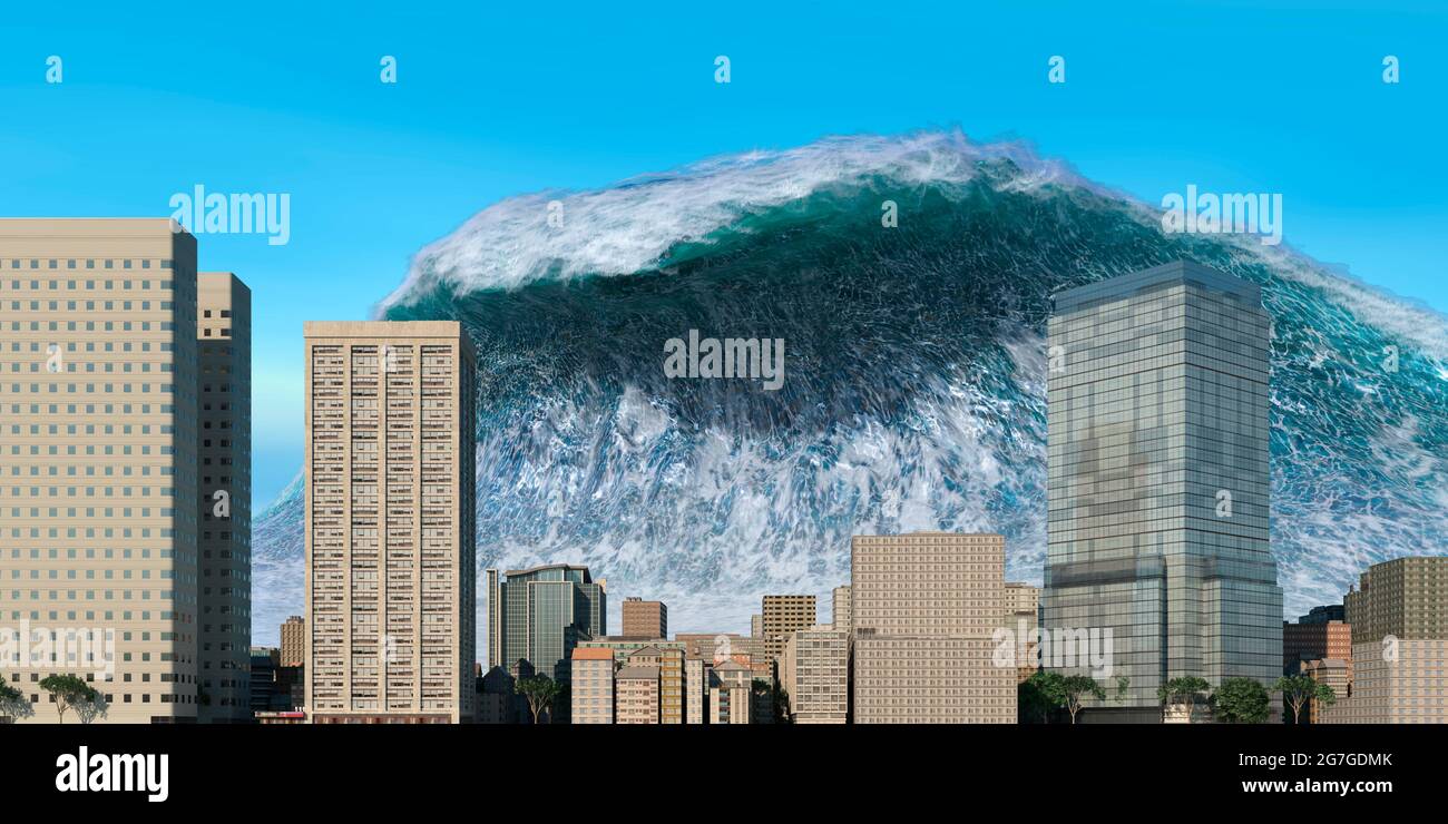 3D illustration tsunami wave apocalyptic water view urban flood Storm ...