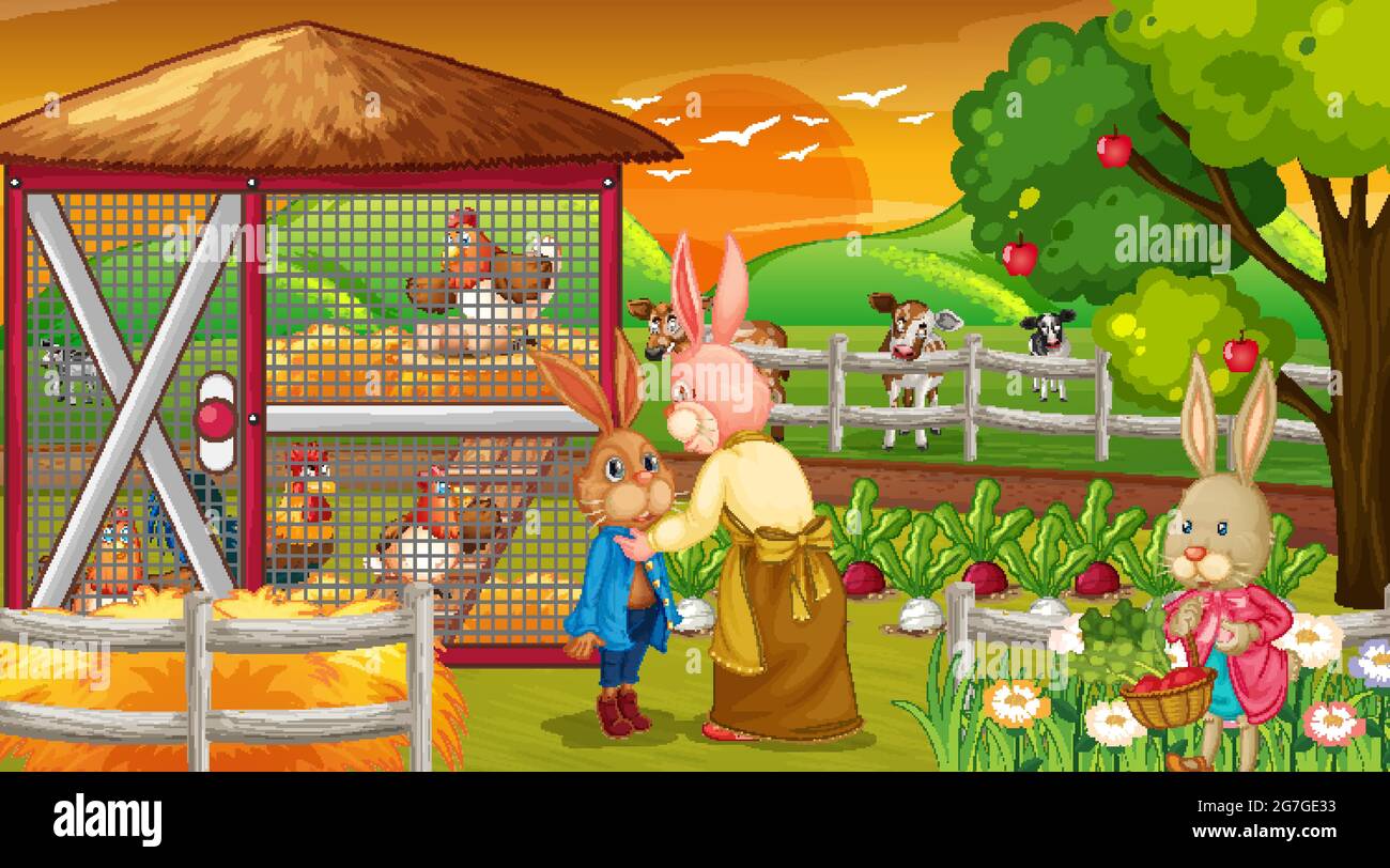 Farm at sunset time scene with rabbit family and farm animals ...