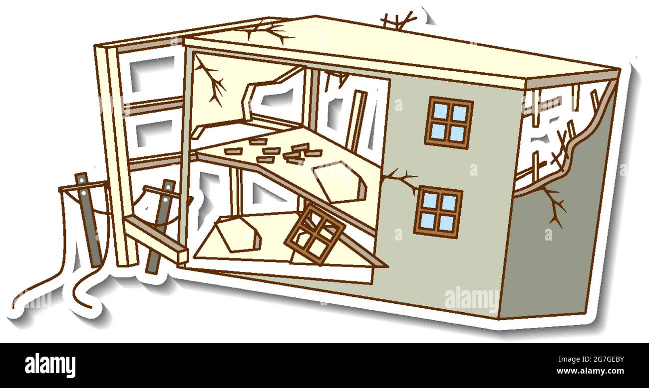 A sticker template with a destroyed building isolated illustration ...