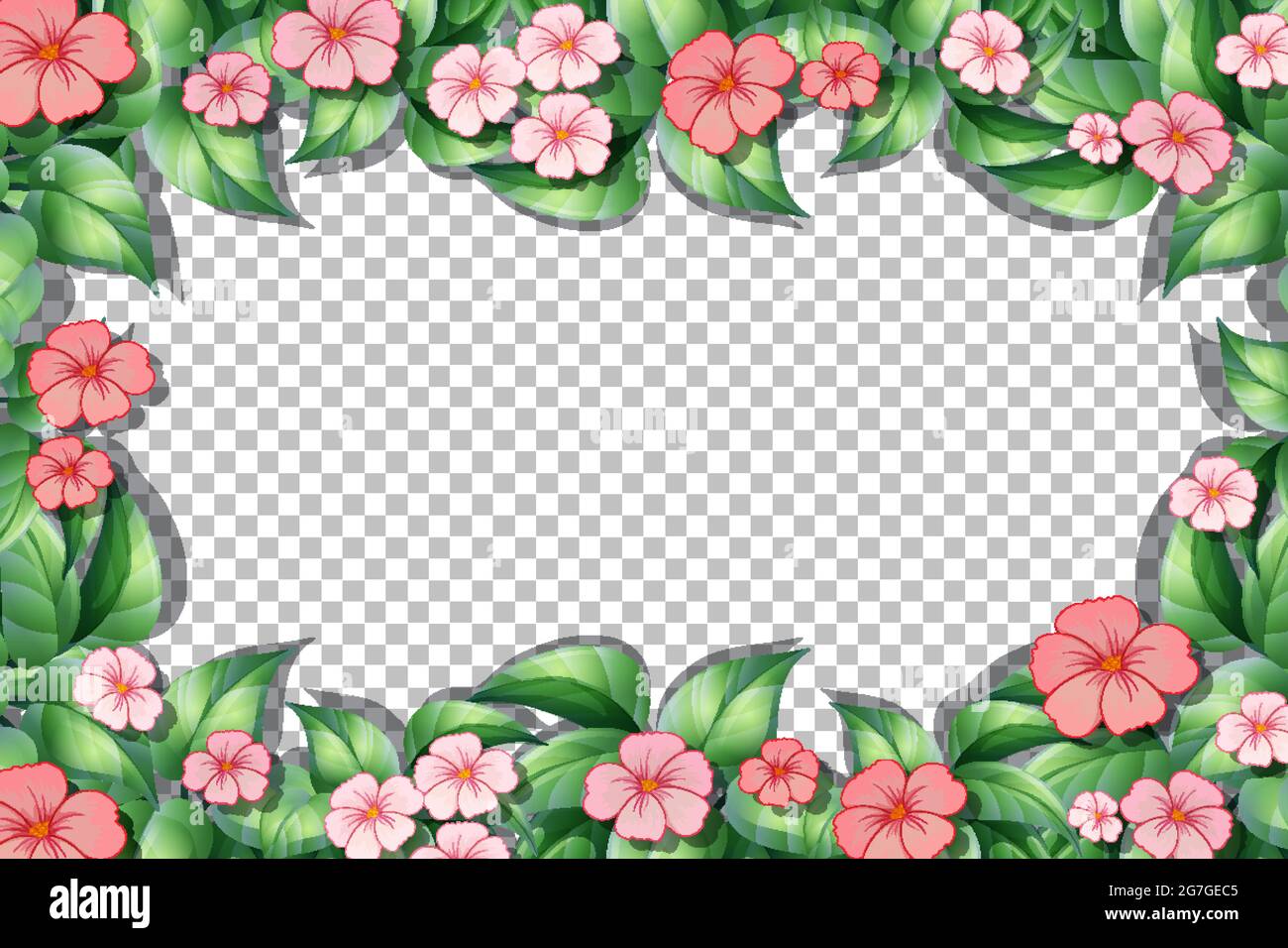 Pink flower and leaves frame template on transparent background ...
