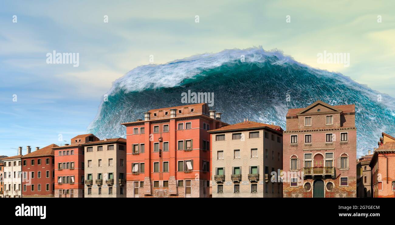 3D illustration tsunami wave apocalyptic water view urban flood Storm ...
