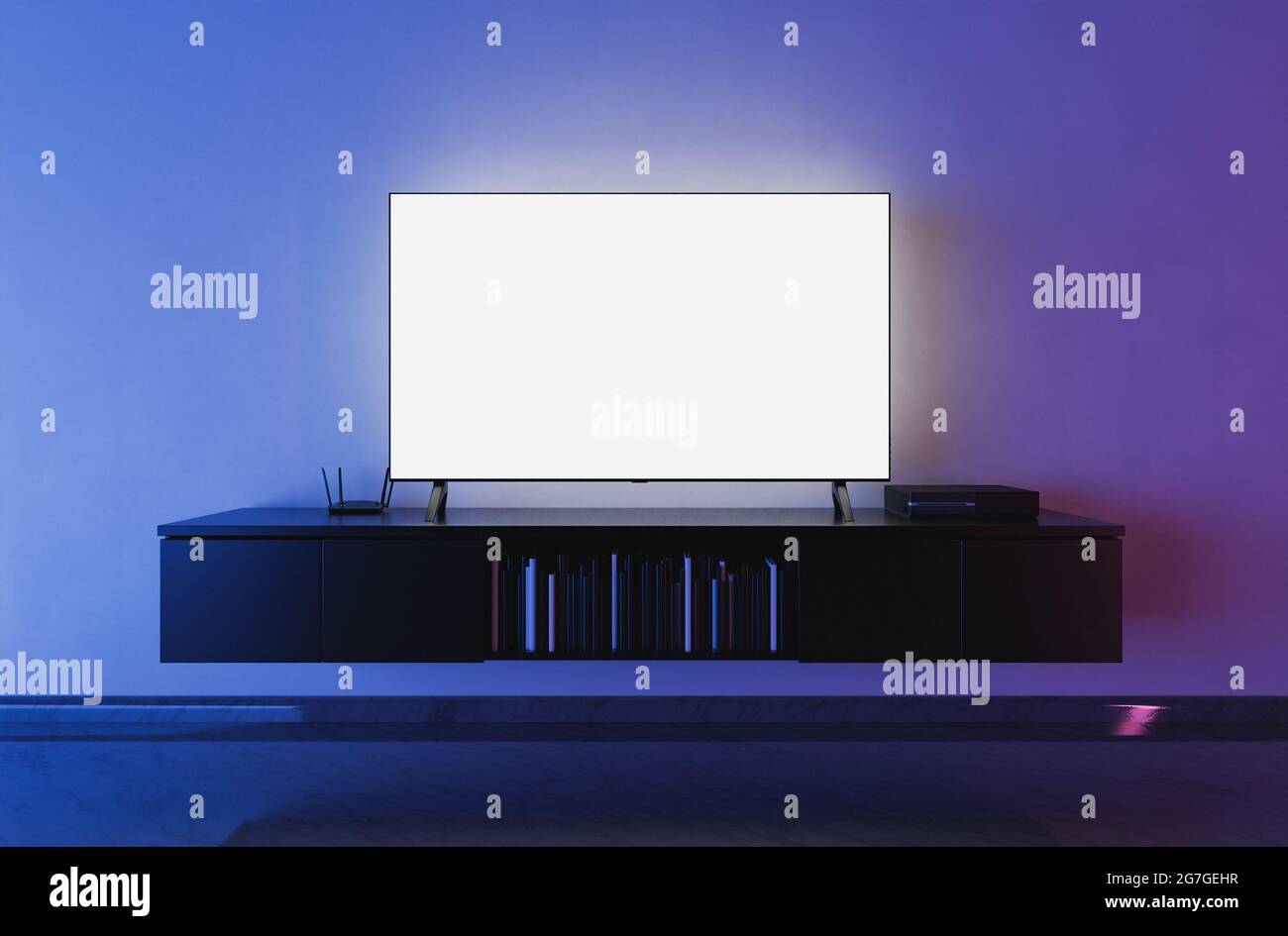 front view of a white backlit television mockup in a living room with ...