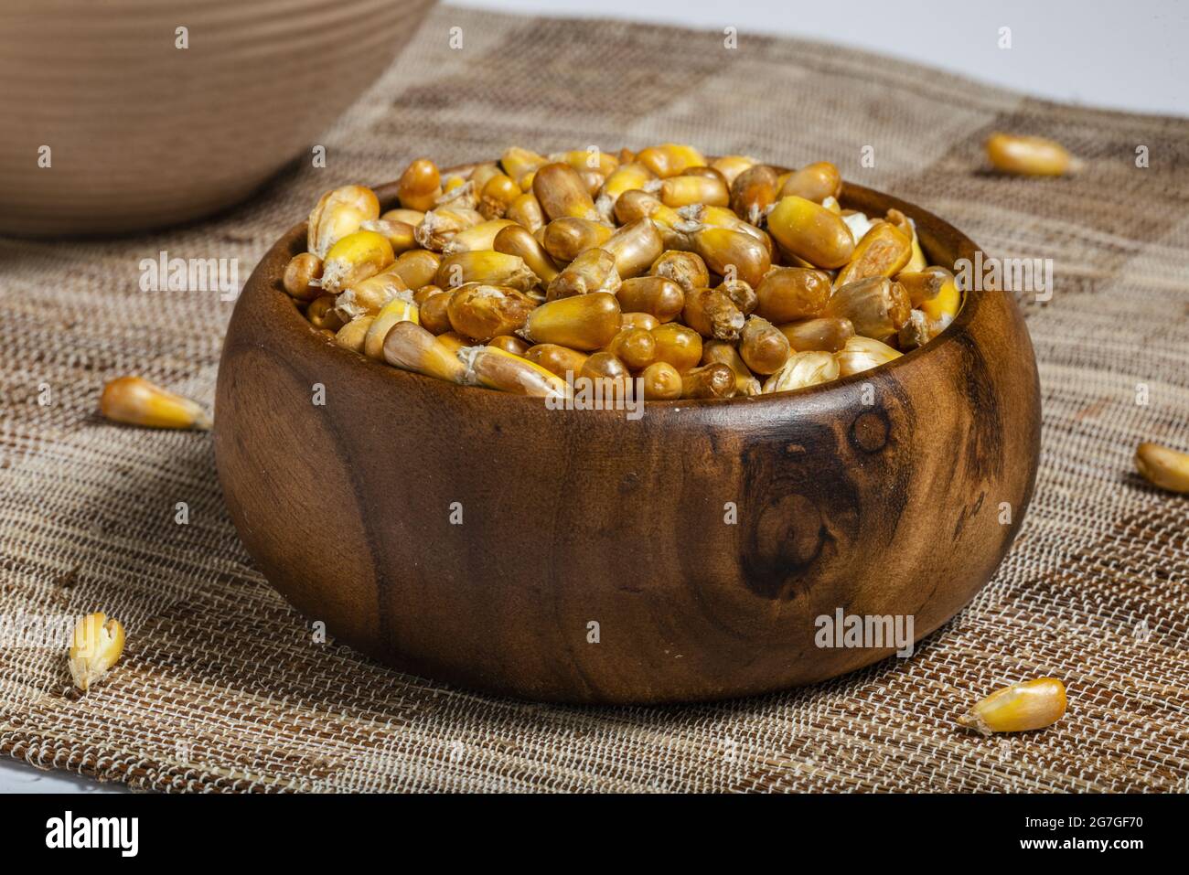 Peruvian Snacks. Fried Corn Seeds in Wooden Bowl. Peruvian food Stock ...