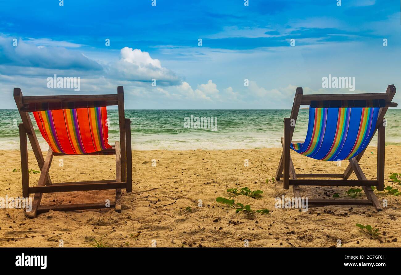 Beds at the beach. The landscape of the beautiful tropical sea traveler ...