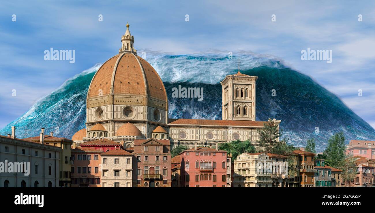 3D illustration tsunami wave apocalyptic water view urban flood Storm ...