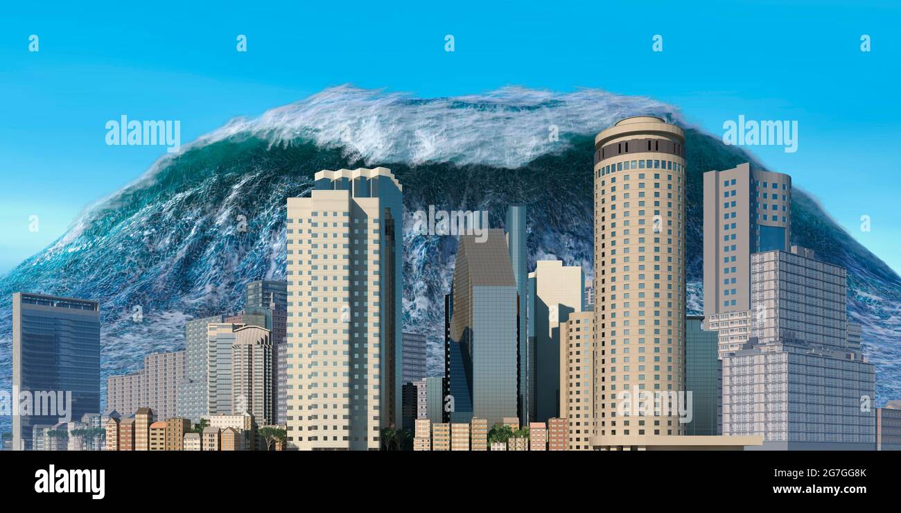 3D illustration tsunami wave apocalyptic water view urban flood Storm ...