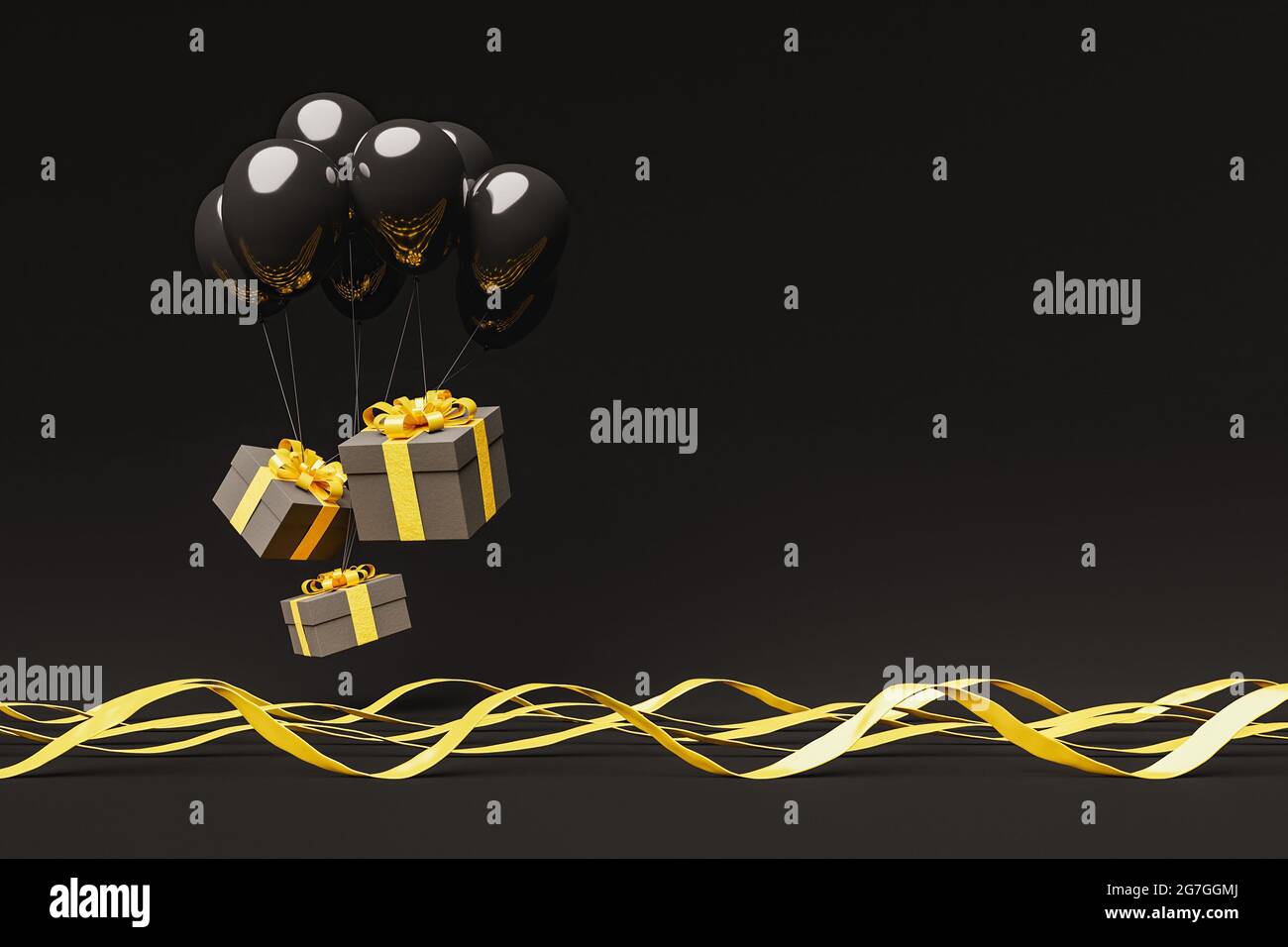 dark gift boxes with golden ribbons floating in the air with black ...