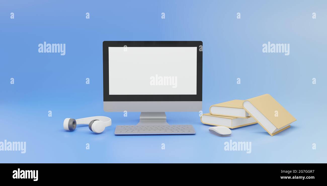3D rendering Computer with mouse and keyboard and book E-learning ...