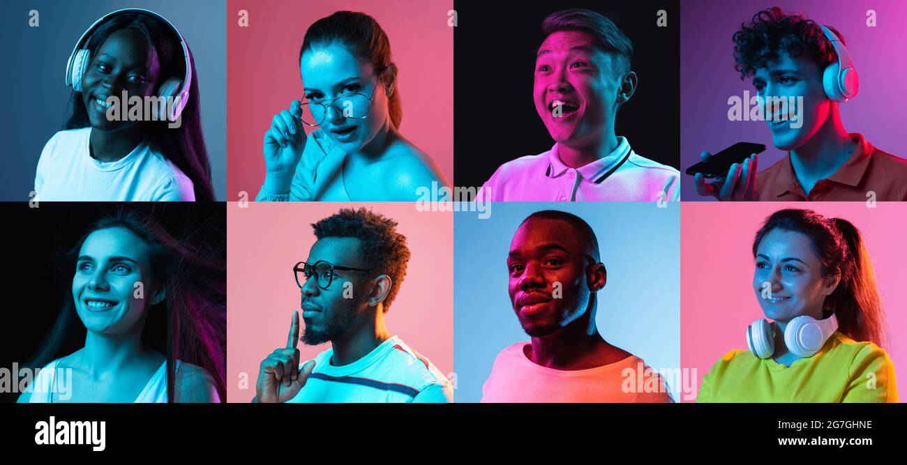 Collage of portraits of young men and women isolated over multicolored ...