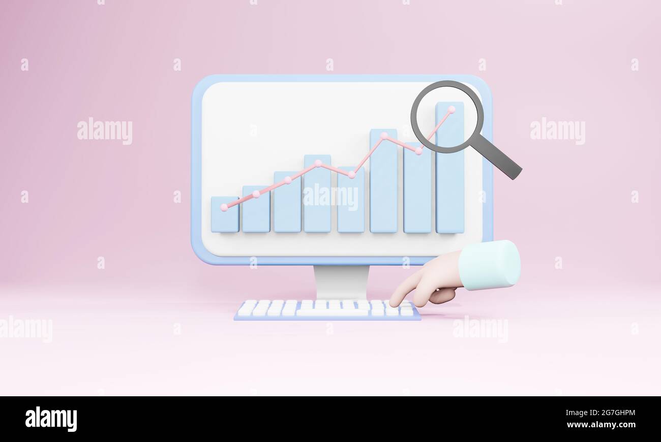 Computer screen and finger press a keyboard with graphs and diagrams ...