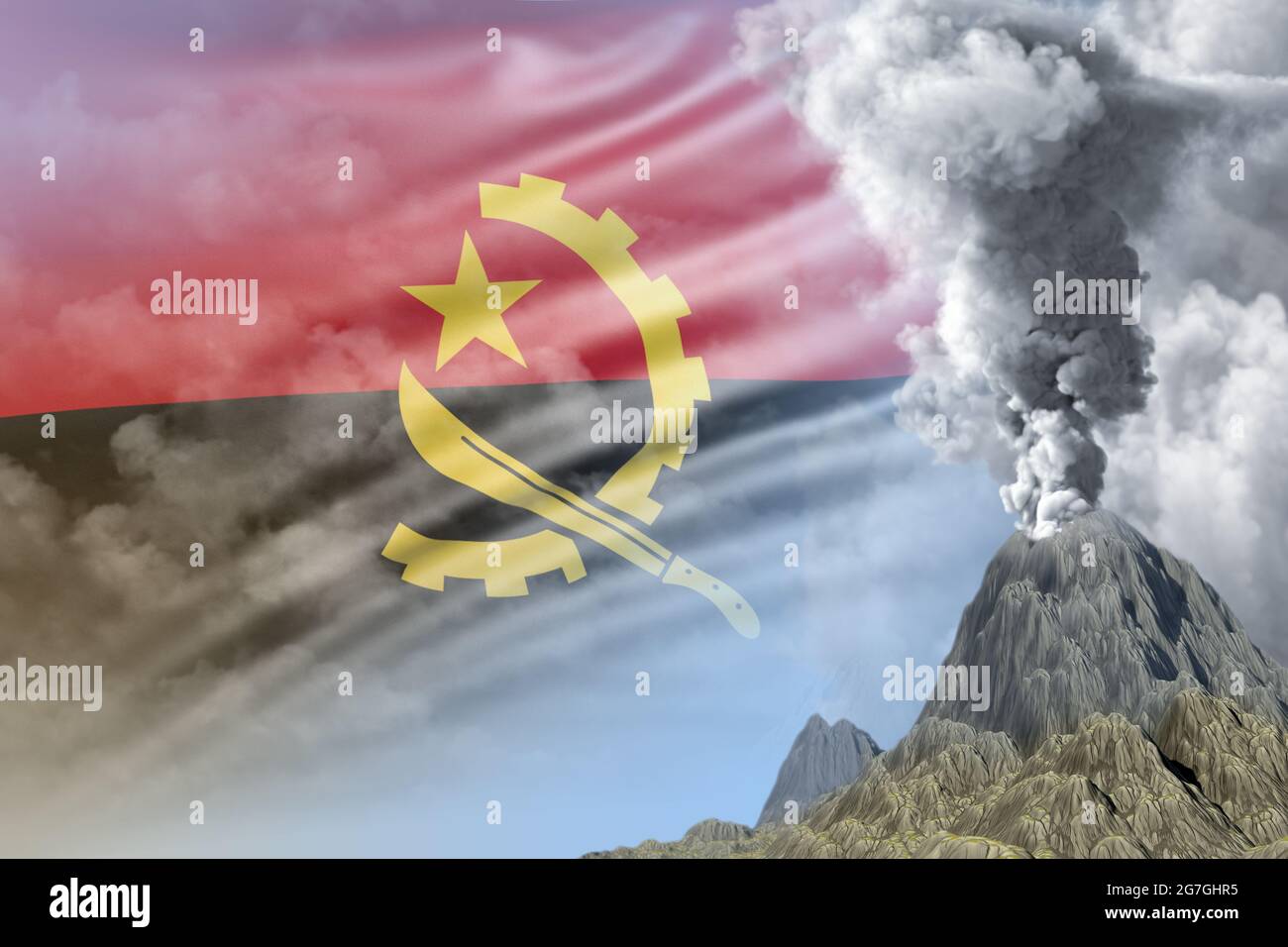 high volcano blast eruption at day time with white smoke on Angola flag ...