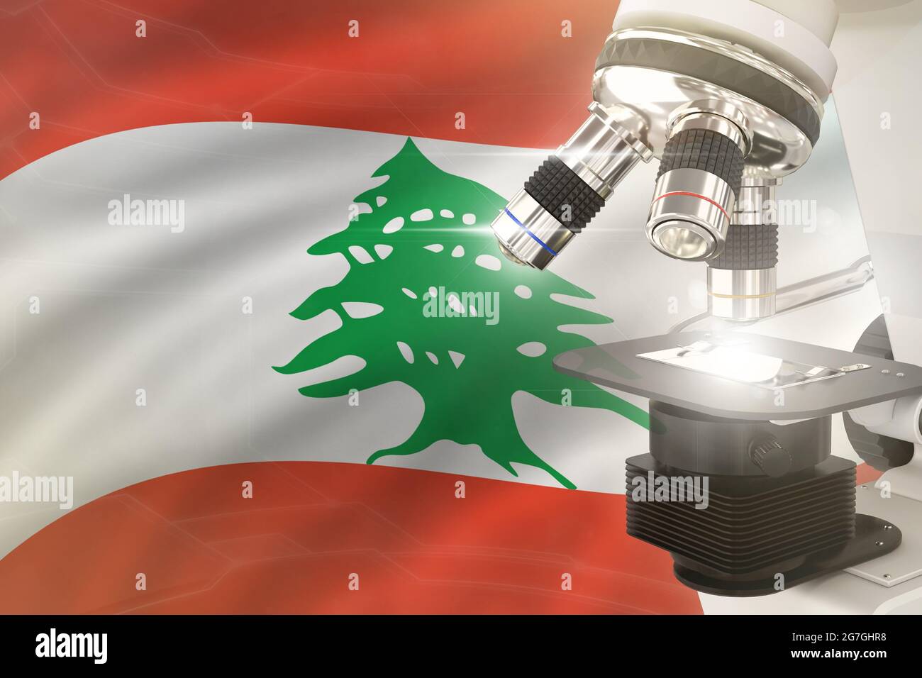 Lebanon science development concept - microscope on flag background ...