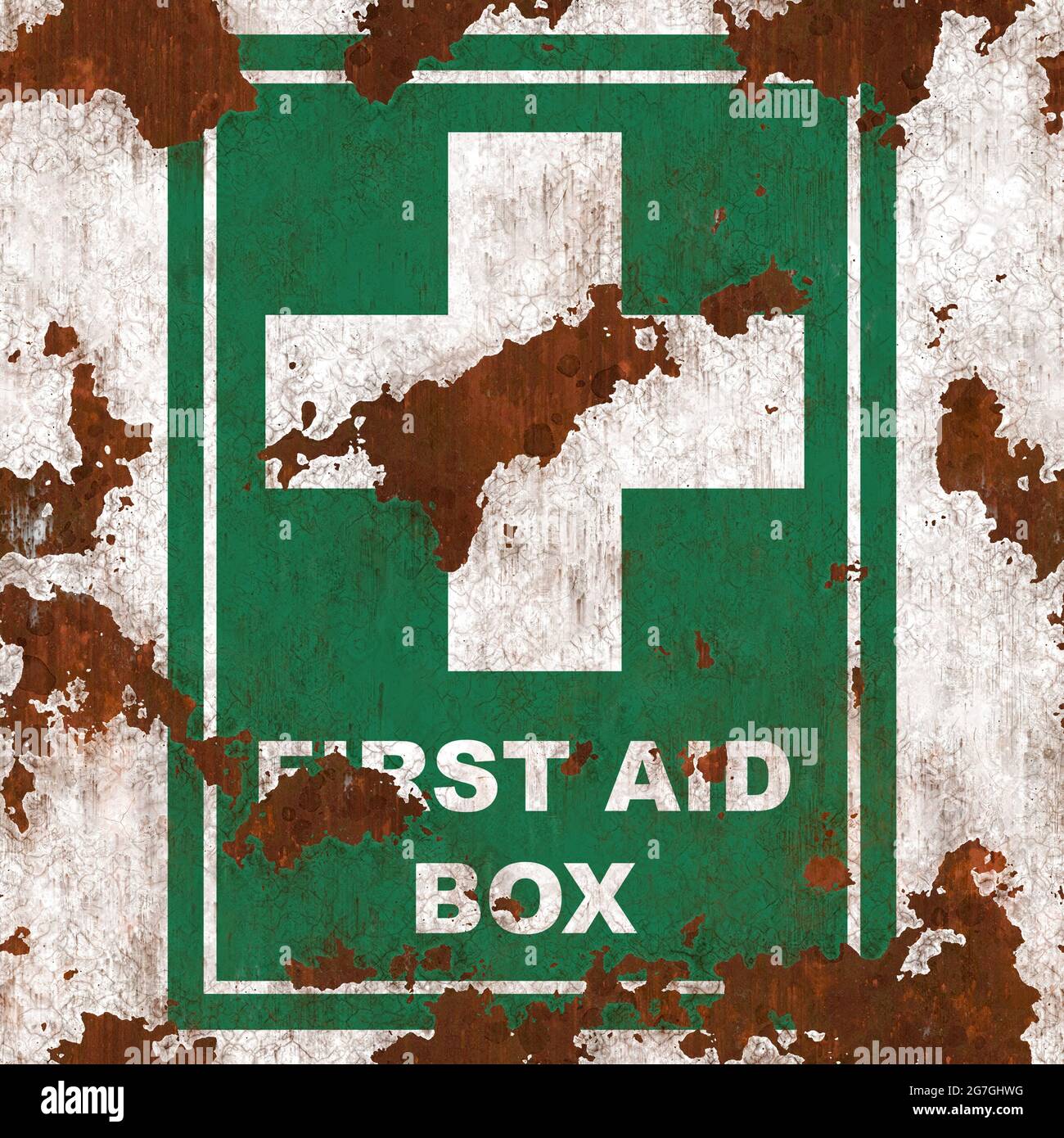 Illustration of first aid box green and white painted rusty metal ...