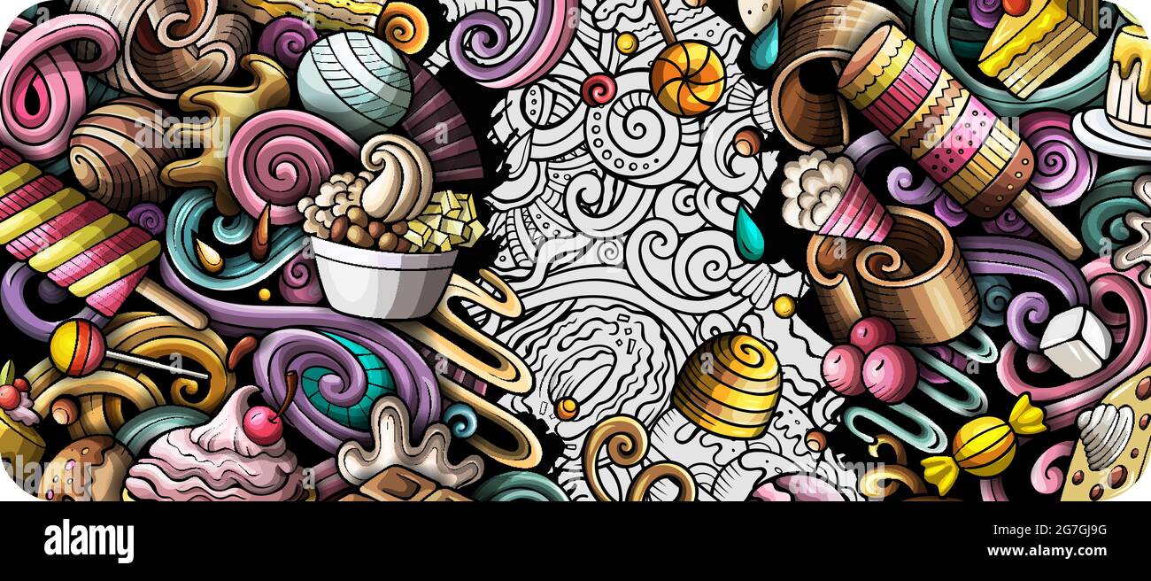 Desserts hand drawn doodle banner. Cartoon vector detailed flyer ...