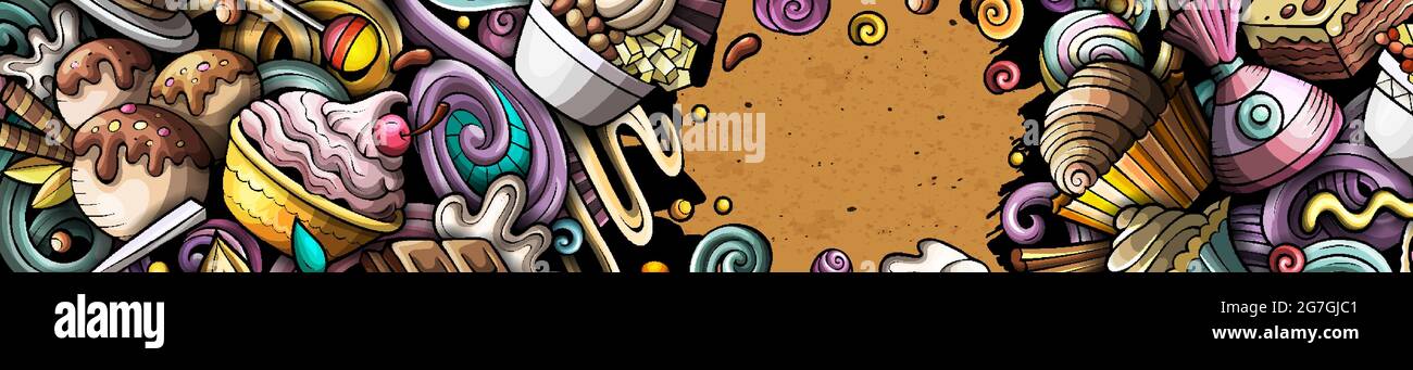 Desserts hand drawn doodle banner. Cartoon vector detailed flyer ...
