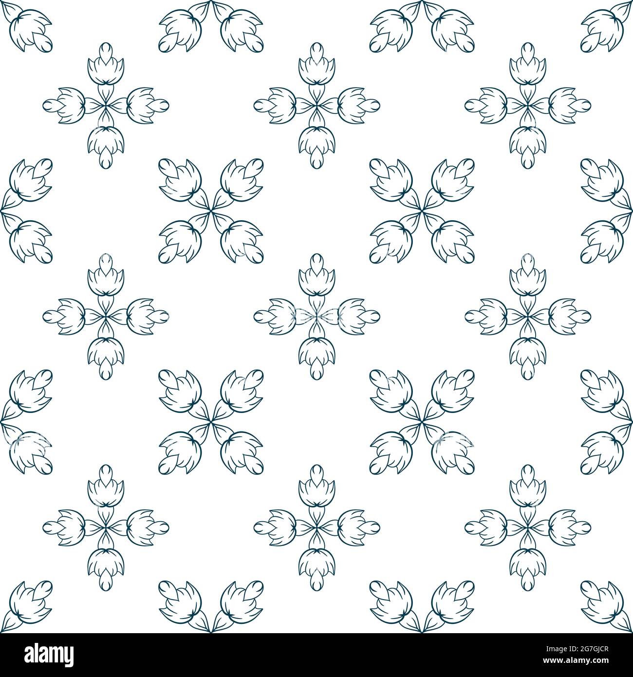 Seamless pattern of dark blue floral shapes on a white background in a ...