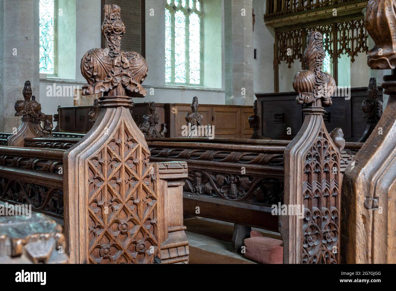 Carved pew bench end details St Mary's Church, Dennington, Suffolk, UK ...