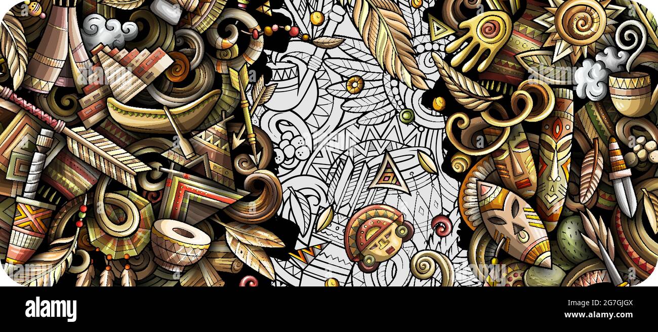 Native American hand drawn doodle banner. Cartoon vector detailed flyer ...