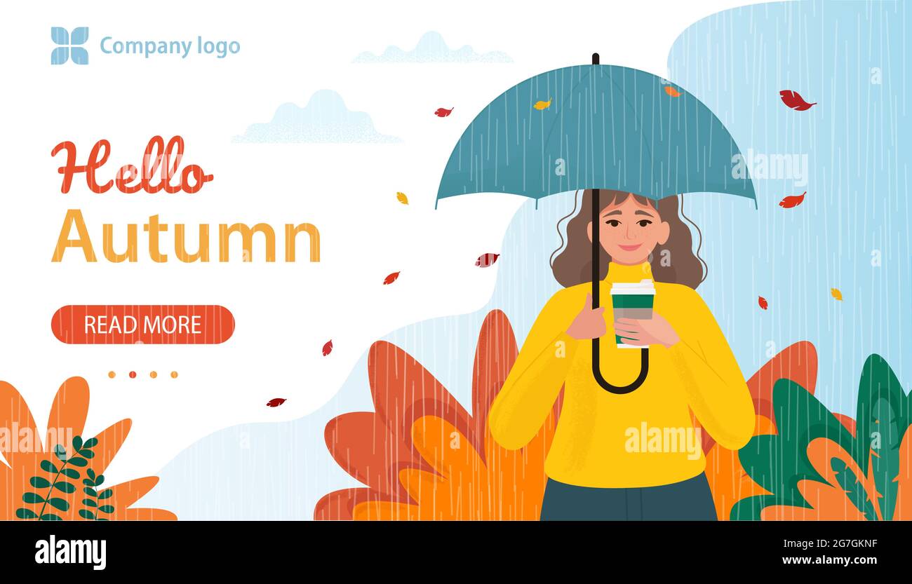 Hello Autumn landing page. Woman with umbrella in the rain at autumn ...