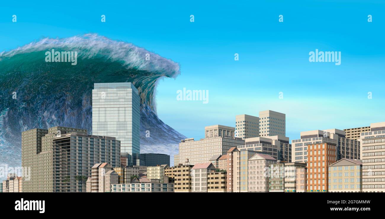 3D illustration tsunami wave apocalyptic water view urban flood Storm ...