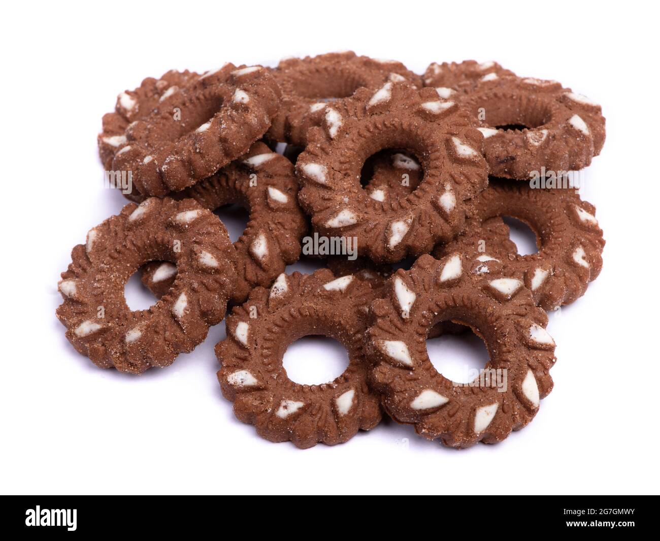 Group of round chocolate cookies with a hole isolated over white ...