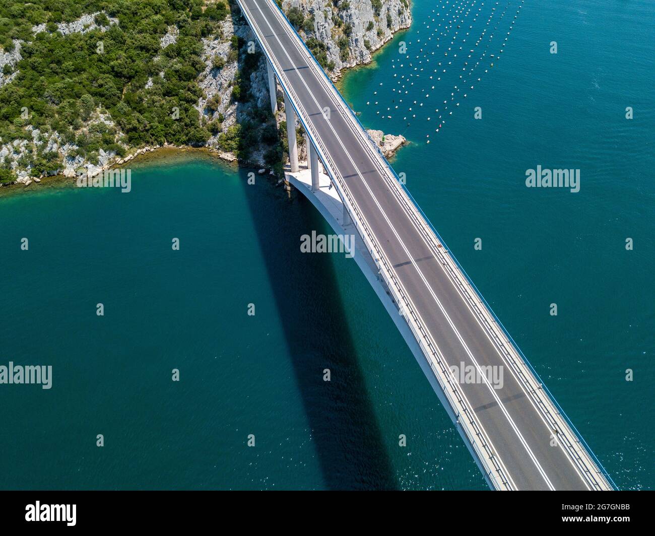 Aerial view of Sibenski Most, croatian bridge. Road and cars. Sibenski ...