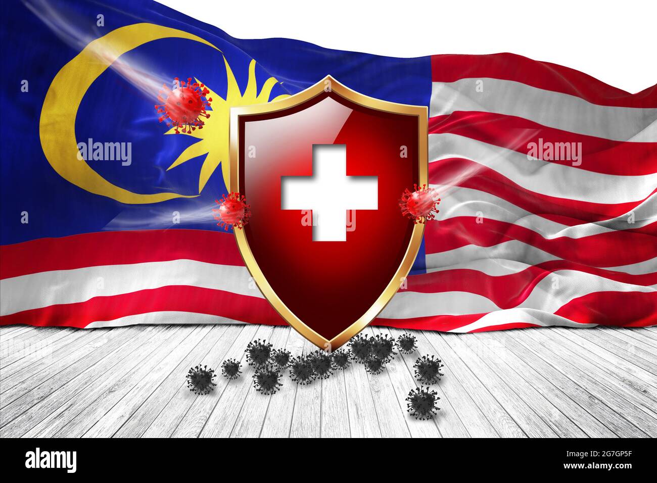 Malaysia flag with Metal Shiny red shield. virus protection, hygiene ...