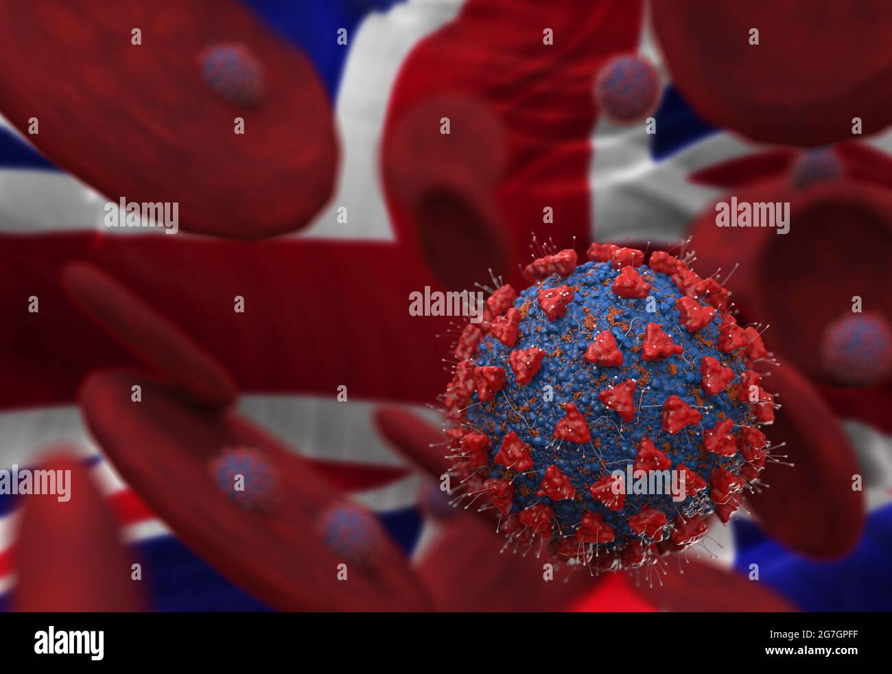 Virus and blood cells against flag of Great Britan. 3d illustration ...