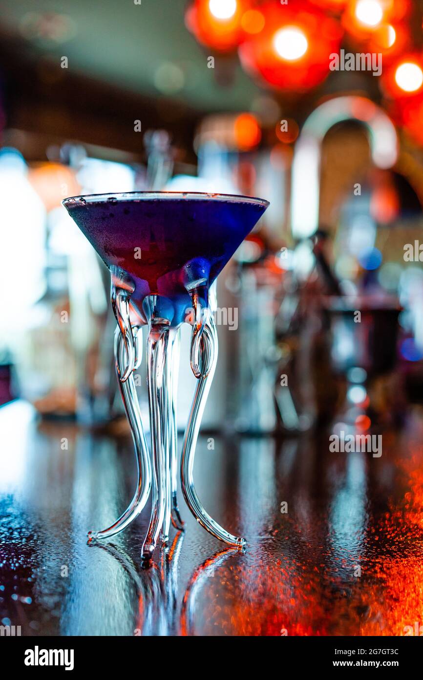 Low angle of refreshing flavor blaster cocktail in glass served on ...