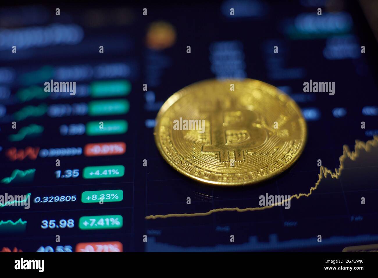 The bitcoin coin lies on the tablet screen, which shows changes in ...