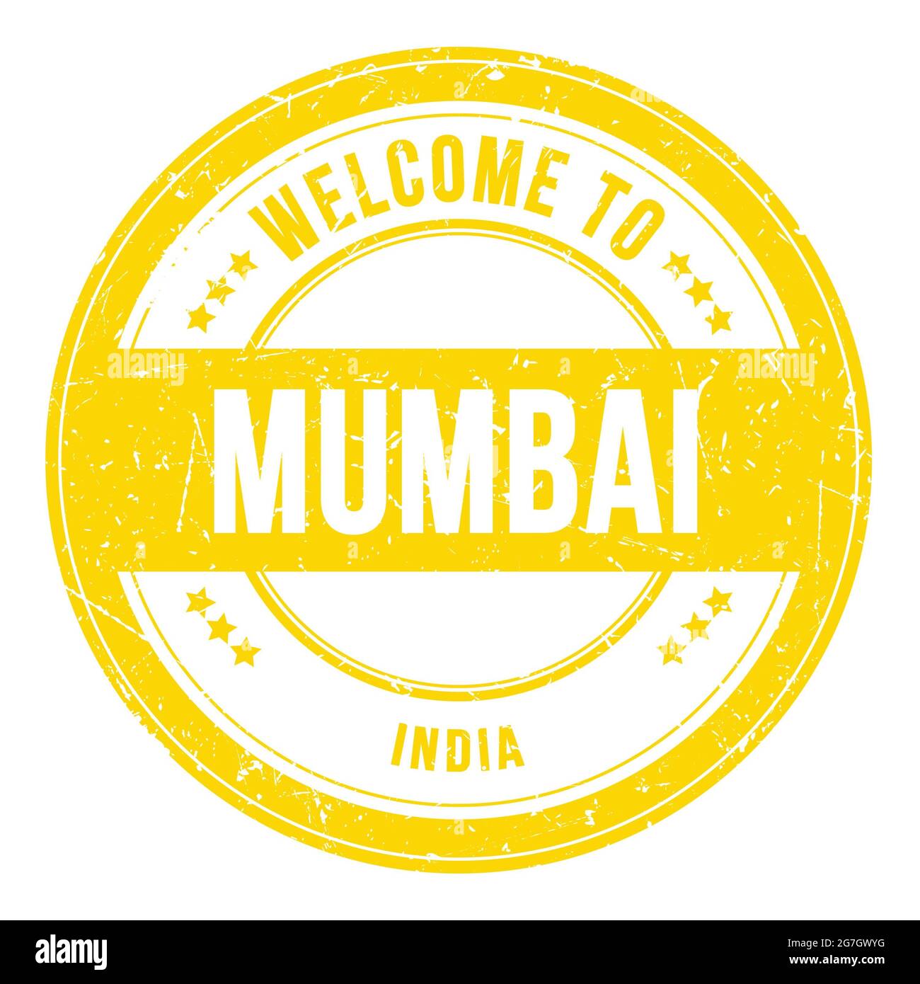 WELCOME TO MUMBAI - INDIA, words written on yellow round coin stamp ...