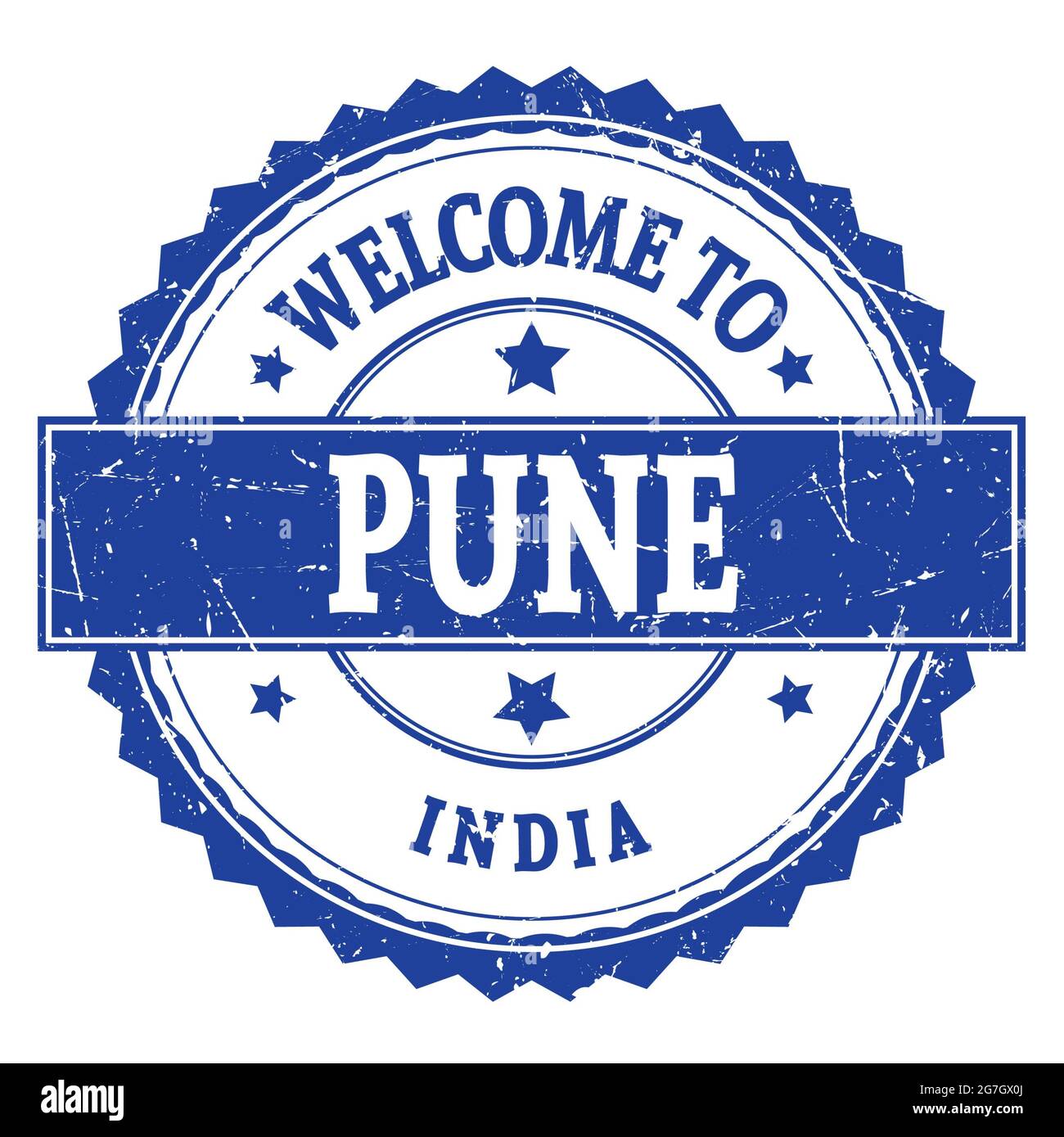 WELCOME TO PUNE - INDIA, words written on blue round zig zag stamp ...