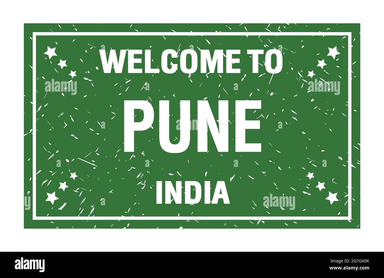 WELCOME TO PUNE - INDIA, words written on green rectangle flag stamp ...