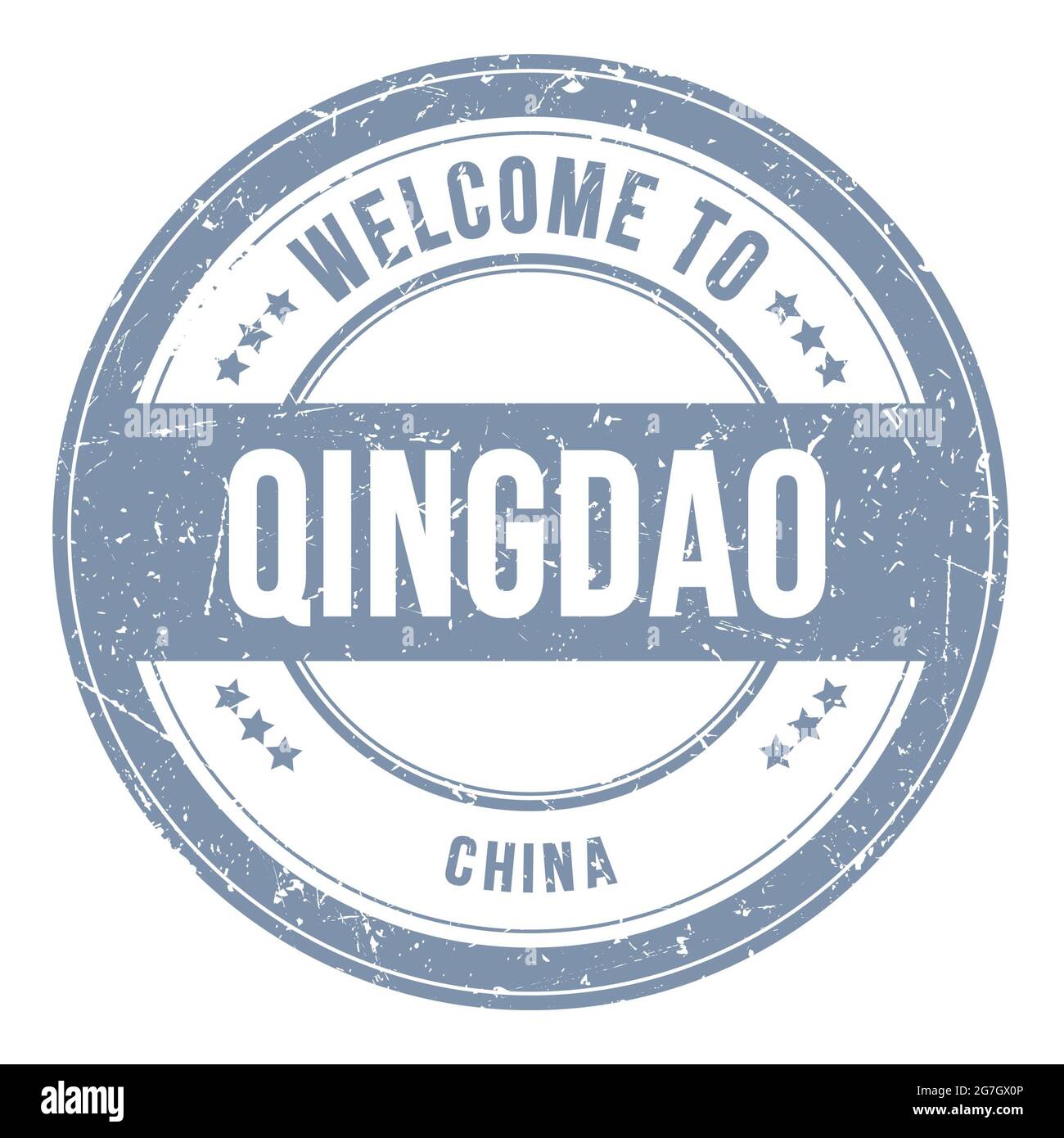 WELCOME TO QINGDAO - CHINA, words written on gray round coin stamp ...
