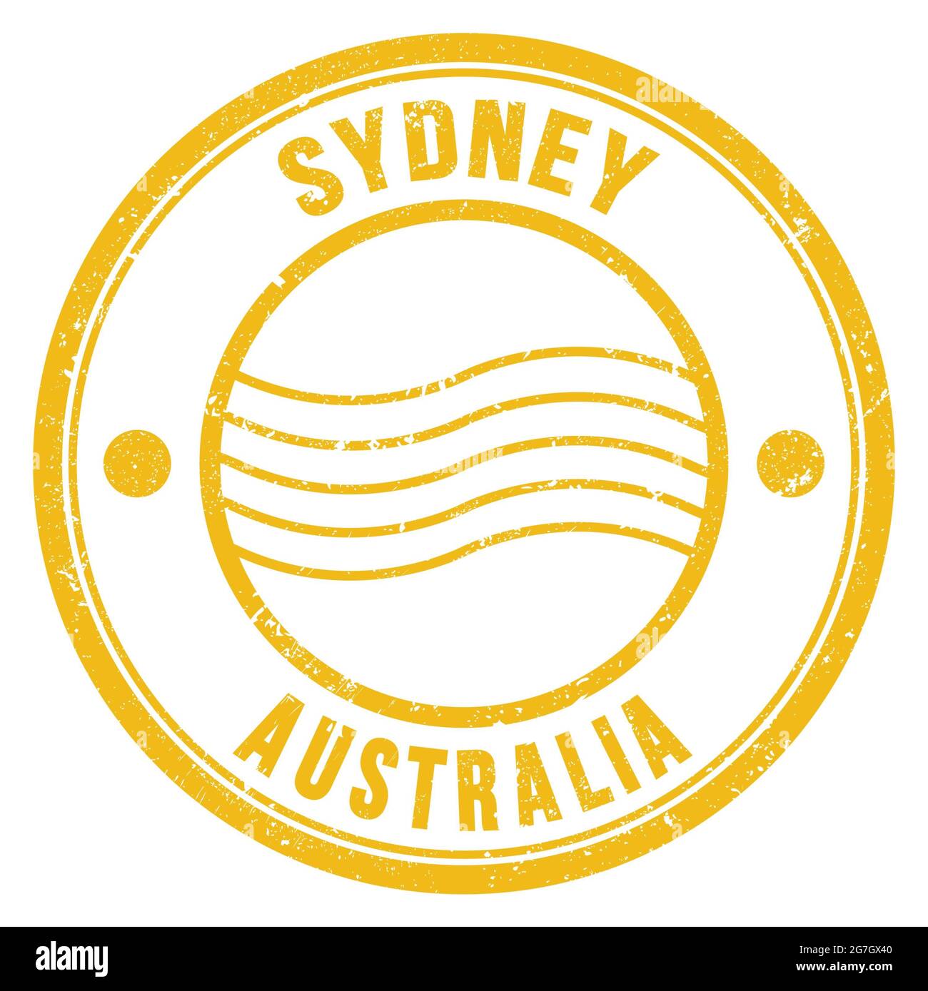 SYDNEY - AUSTRALIA, words written on yellow round postal stamp Stock ...