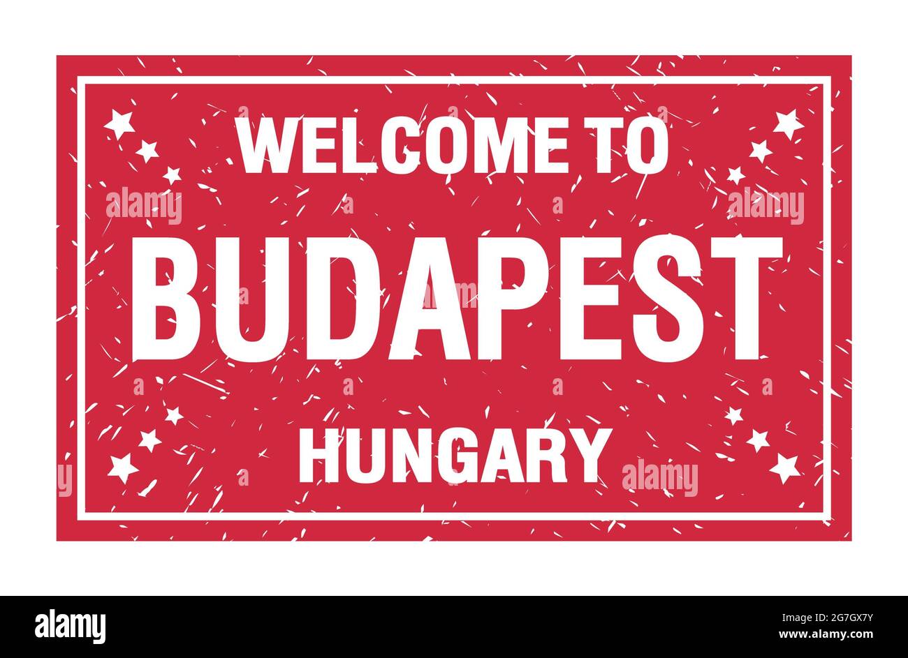 WELCOME TO BUDAPEST - HUNGARY, words written on red rectangle flag ...