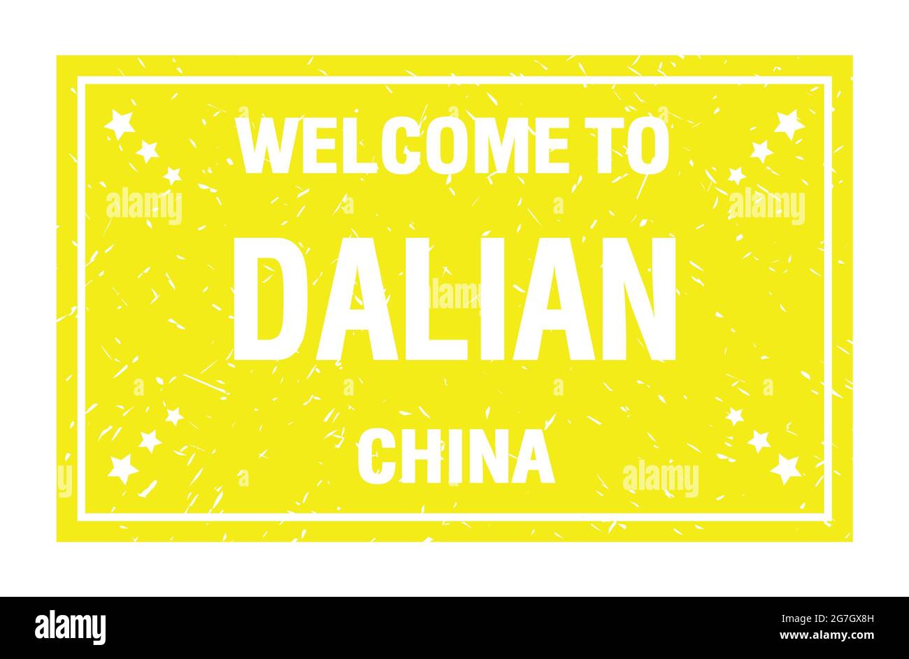 WELCOME TO DALIAN - CHINA, words written on yellow rectangle flag stamp ...