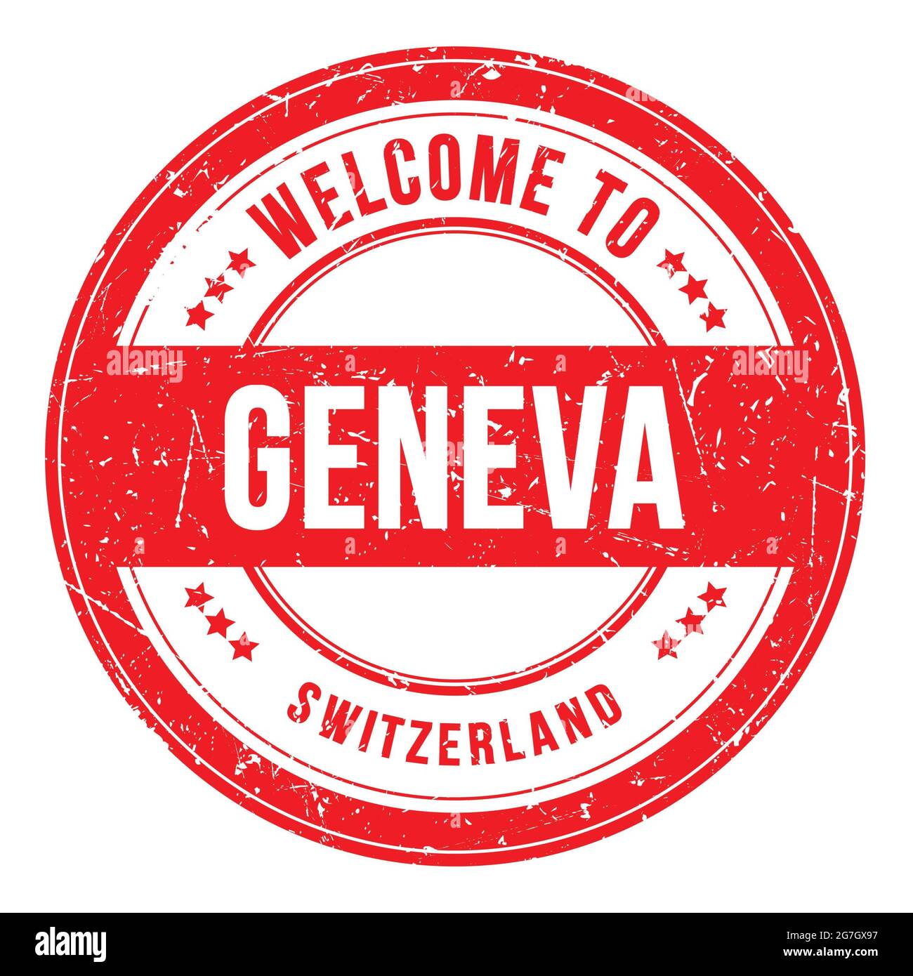 WELCOME TO GENEVA - SWITZERLAND, words written on red round coin stamp ...