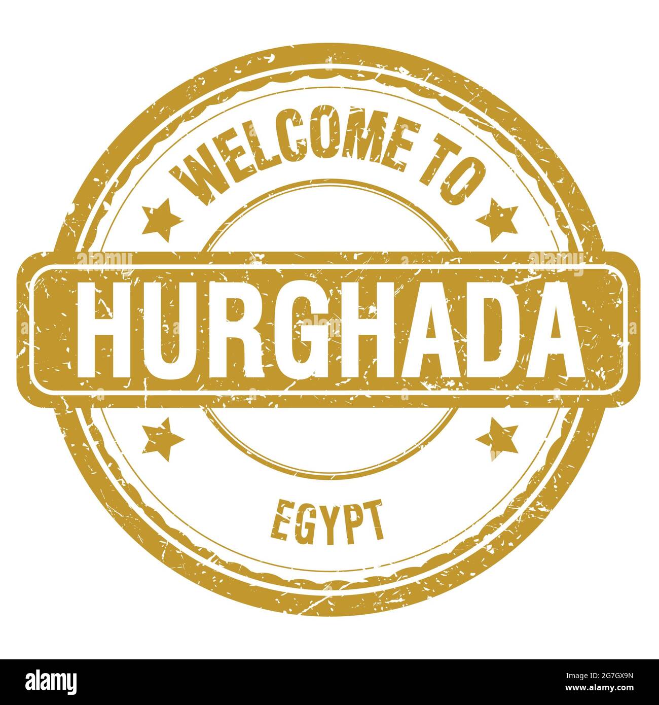 WELCOME TO HURGHADA - EGYPT, words written on dark yellow grungy stamp ...