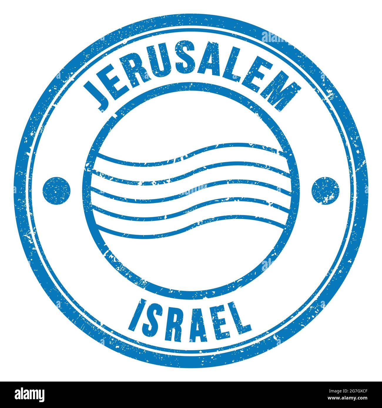 JERUSALEM - ISRAEL, words written on light blue round postal stamp ...