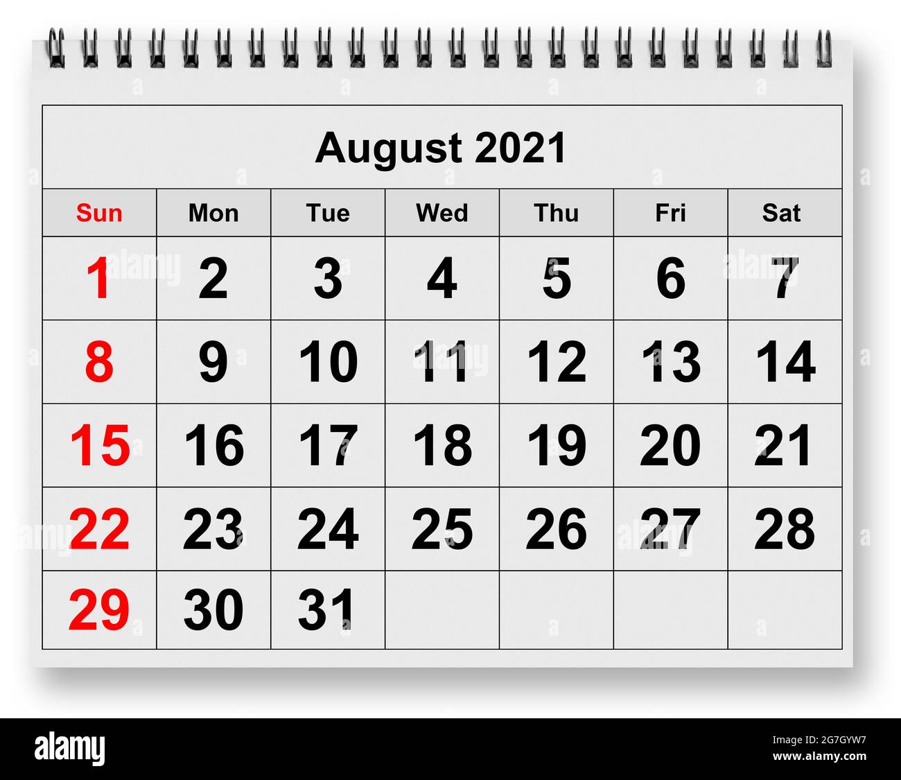 One page of the annual monthly calendar - August 2021 Stock Photo - Alamy