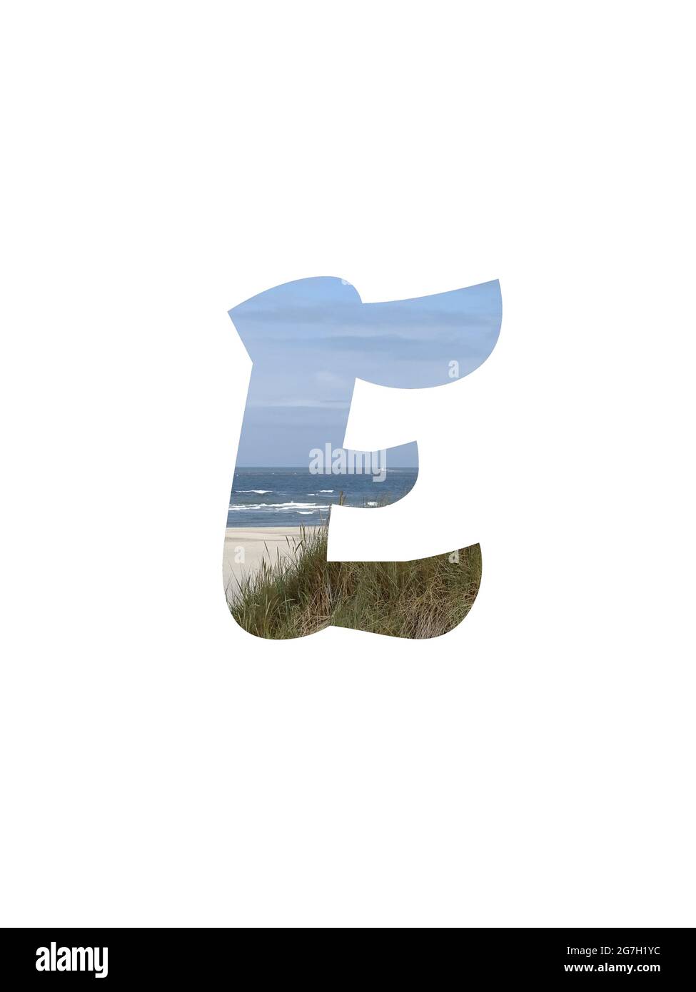 Letter E of the alphabet made with a landscape with beach, sea, blue ...