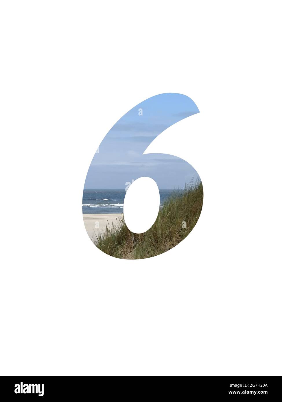 Number 6 of the alphabet made with a landscape with beach, sea, blue ...
