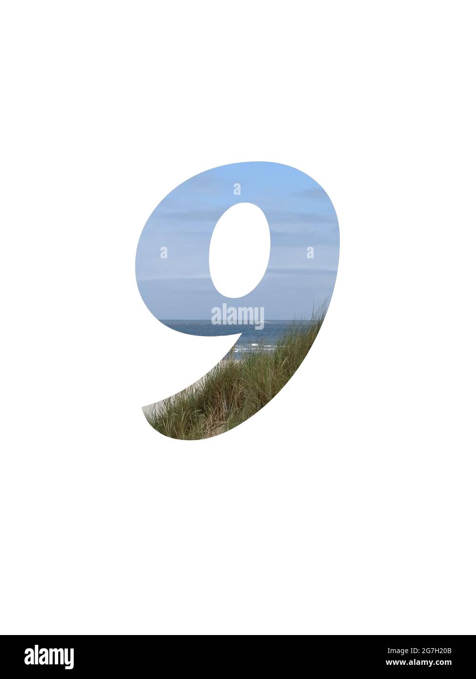 Number 9 of the alphabet made with a landscape with beach, sea, blue ...