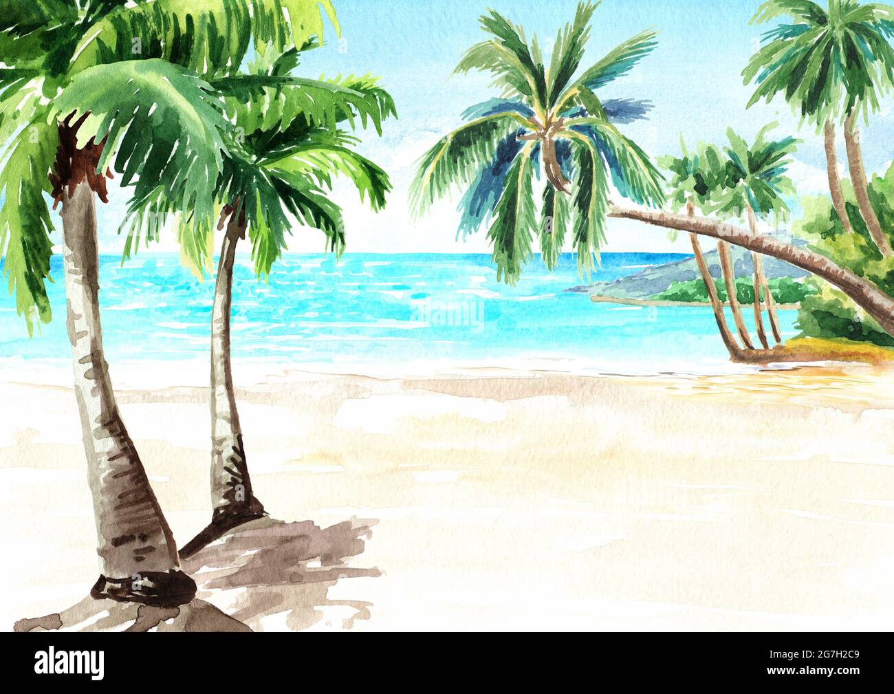 Seascape.Tropical beach with sea, sky, white sand and palm trees ...