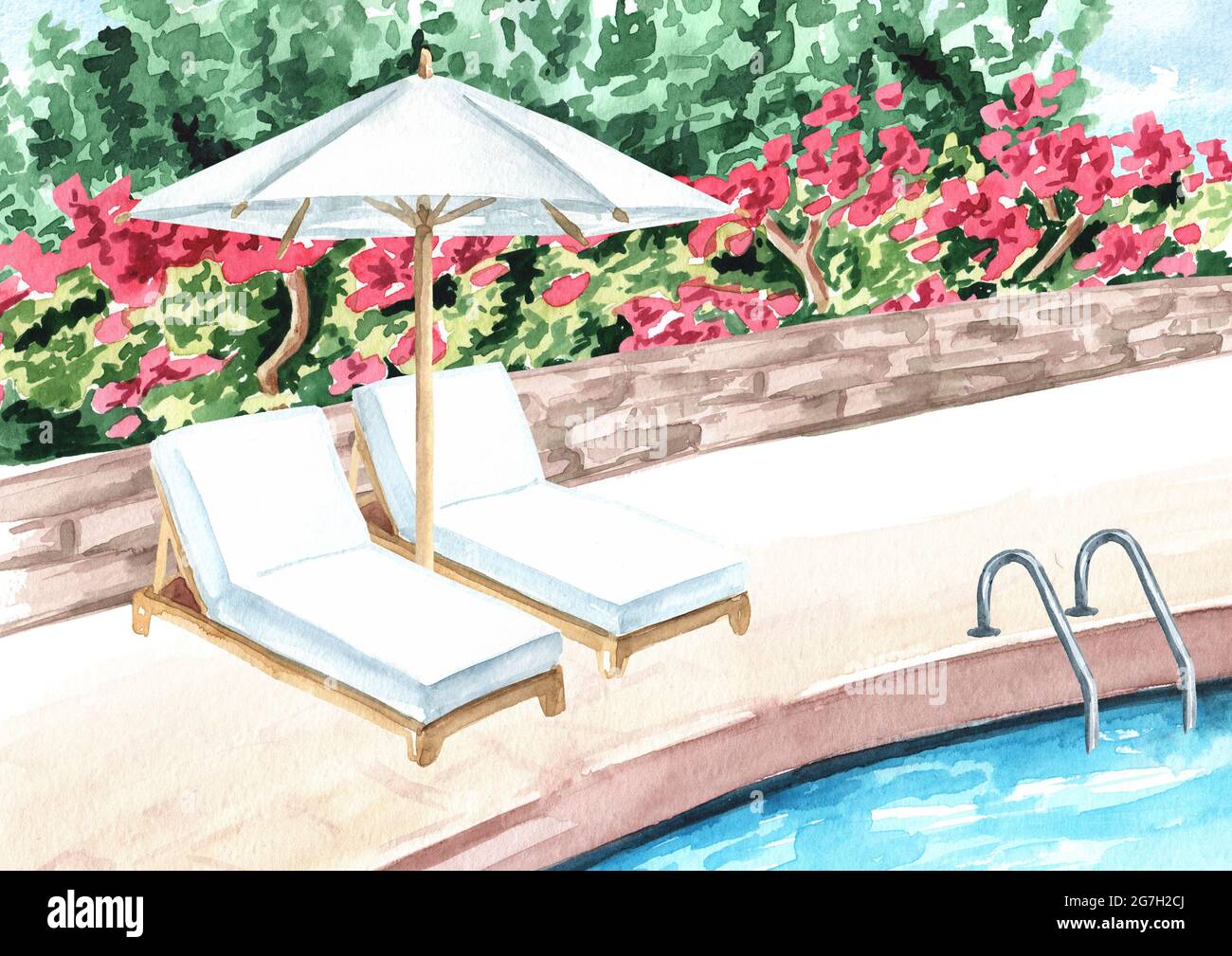 Umbrella and sun loungers by the pool, summer vacation concept, Hand ...