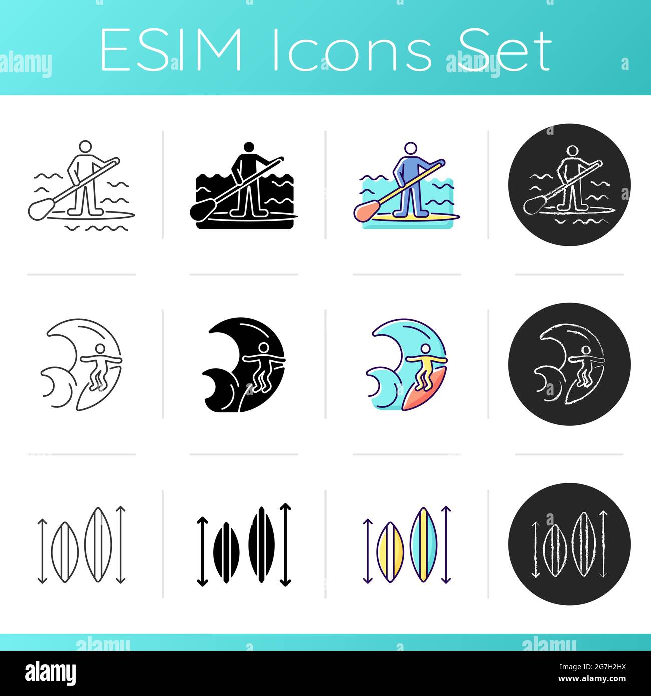 Riding wave using board icons set Stock Vector Image & Art - Alamy