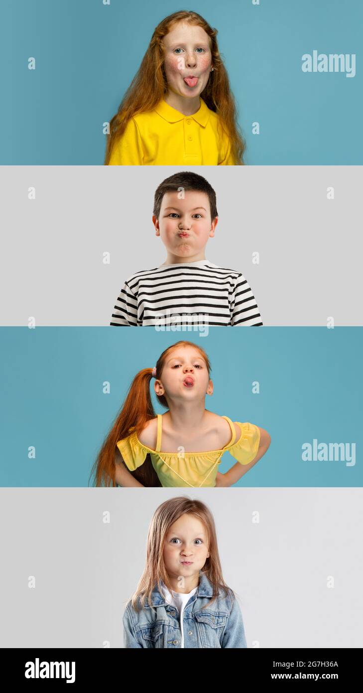 Art collage made of portraits of little and happy kids isolated on ...