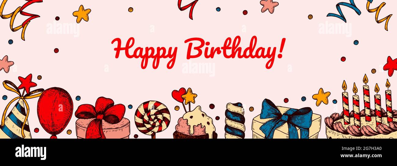 Happy Birthday horizontal background. Hand drawn vector illustration ...